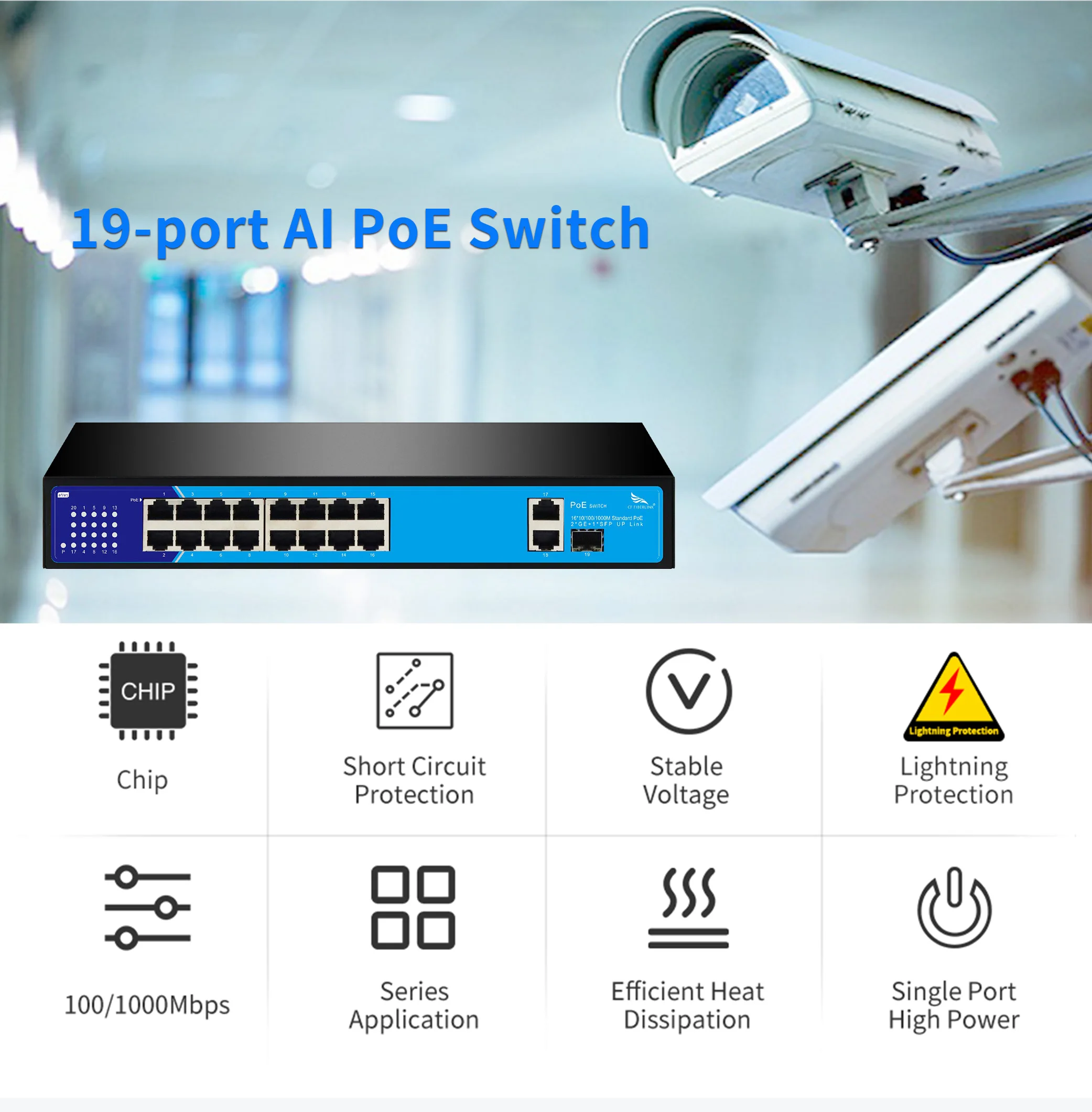 19 Port Desktop Rack Full Gigabit PoE Switch with POE Stackable SNMP ...
