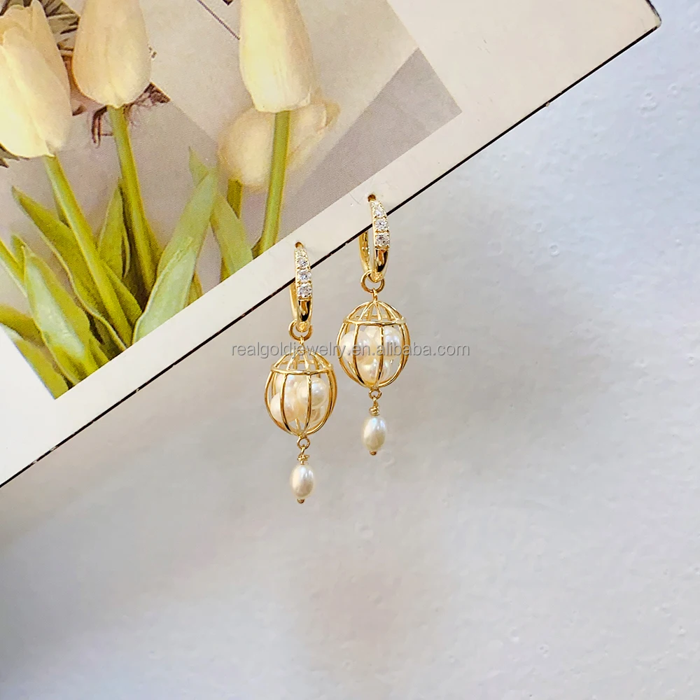 14K Au585 Solid Gold Stud Earrings Trendy Style Lab Diamond Beautiful Pearl Earrings Gold 14k ...