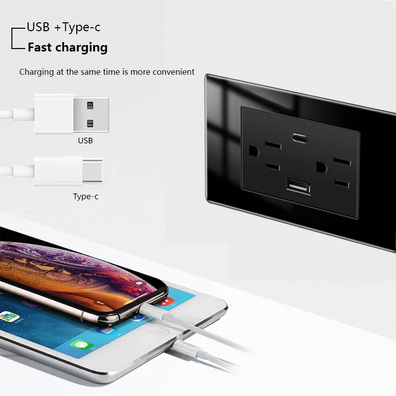 American Black Tempered Glass 15A Wall Wall Light Switch, US Plug USB ...