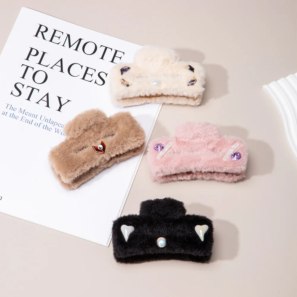 Cute Square Furry Claw Clips for Thick Curly Hair Elegant Fluffy Plush ...