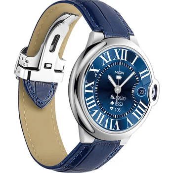 Aw28 Blue Leather Women Smart Watch Fashion Round Screen Casual ...