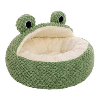 Semi-closed Cute Frog Hooded Cat Bed With Non-slip Bottom Round Fluffy ...