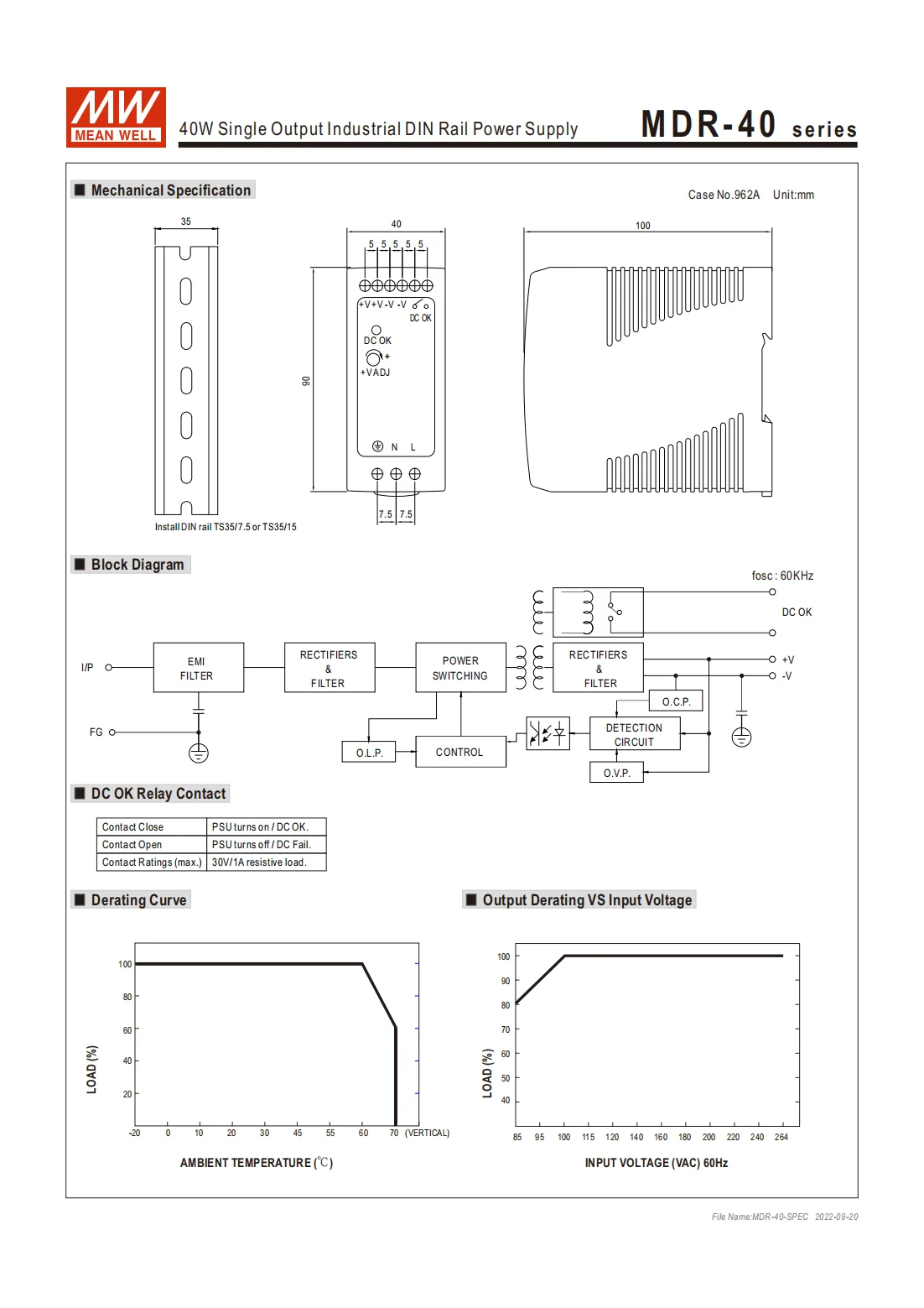 Meanwell Mdr-40 Series 40w Single Output Industrial Din Rail Power ...