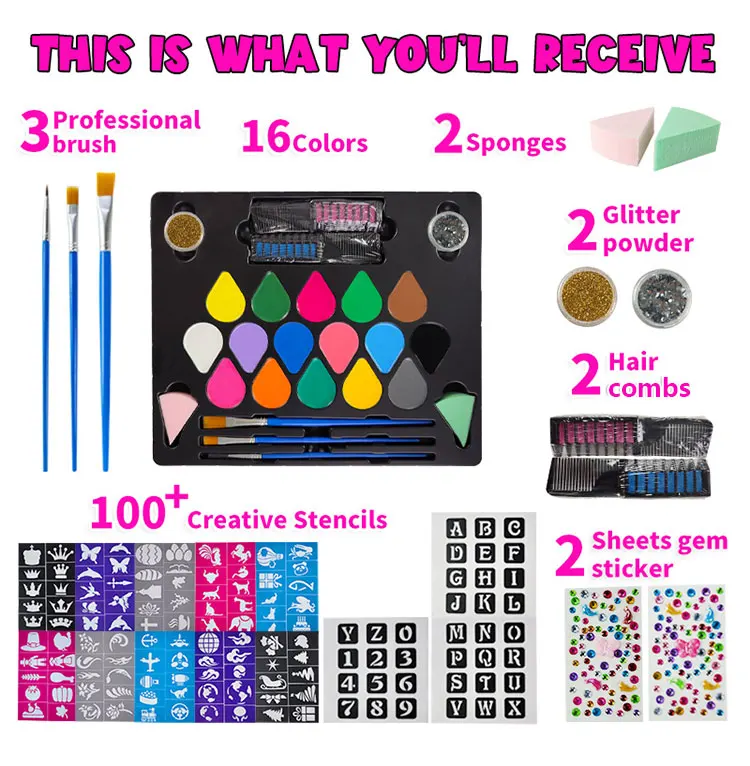 Face Body Paint Kit - 16 Colors for Kids & Fans Sports