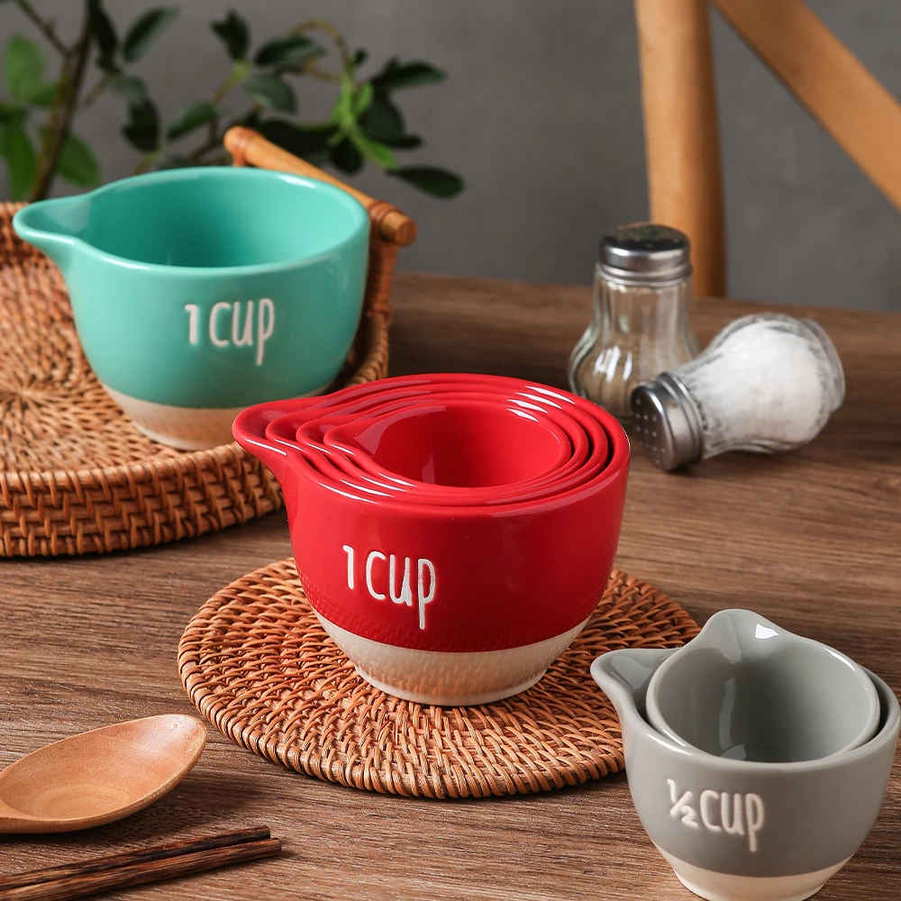 Custom Porcelain Red Baking Gadgets Sets Of 4 Measuring Tools Ceramic ...