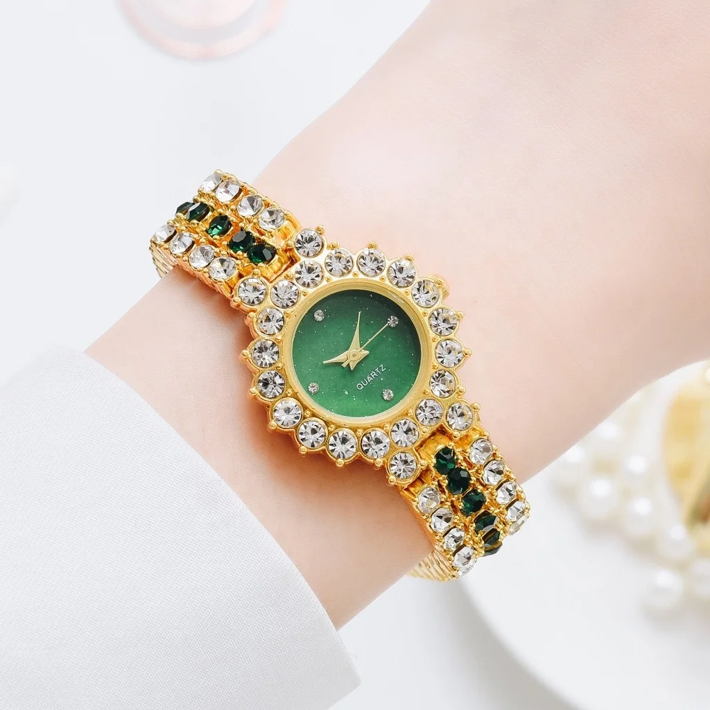 Luxury Shiny Gold Green Diamond Watch - Iced Out Women's Bling