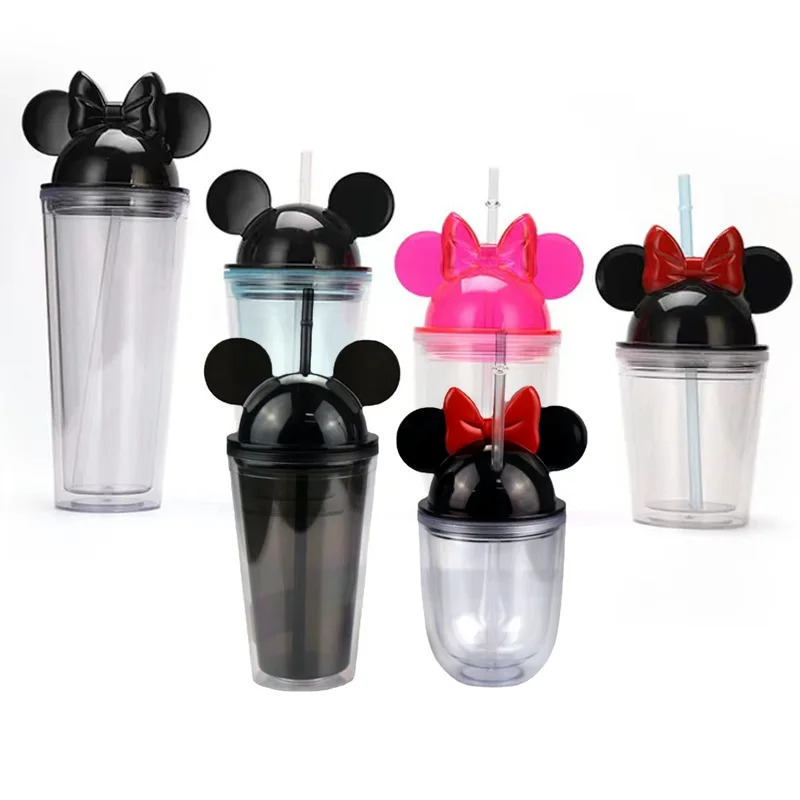 16oz/480ml Mickey Tumbler Acrylic Double Wall Plastic Mickey Ear Mouse Tumbler Cup With Ears Lid ...