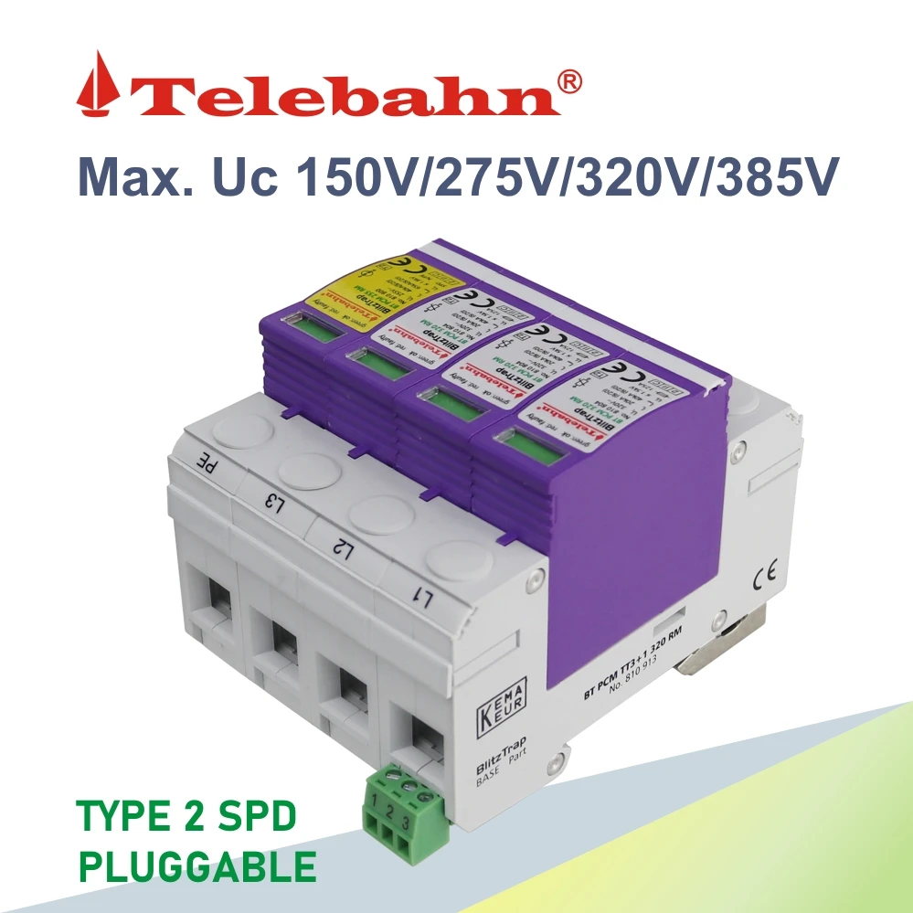 Telebahn 150V 275V 320V 385V AC T2 3P+N TT3+1 SPD 20kA 40kA KEMA-KEUR Power Low Voltage Three ...