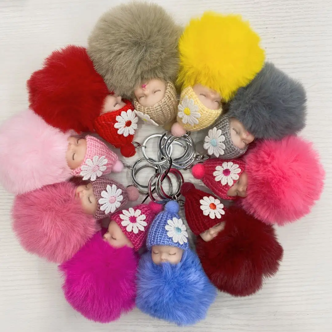 N1001 Cute 8cm Sleeping Baby Doll Keychain Pompom Rabbit Fur Ball Key ...