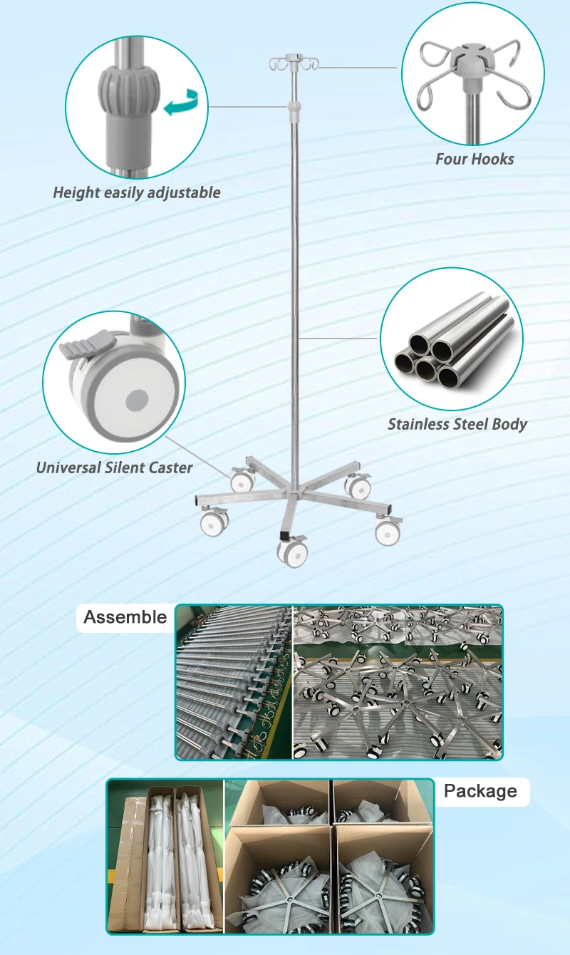 WEIYE Medical Stand Rack Height Adjustable Stainless Steel IV Pole ...