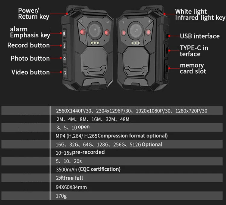 Customizable 2-inch Ips Lcd Display Night Vision Body Camera Odm