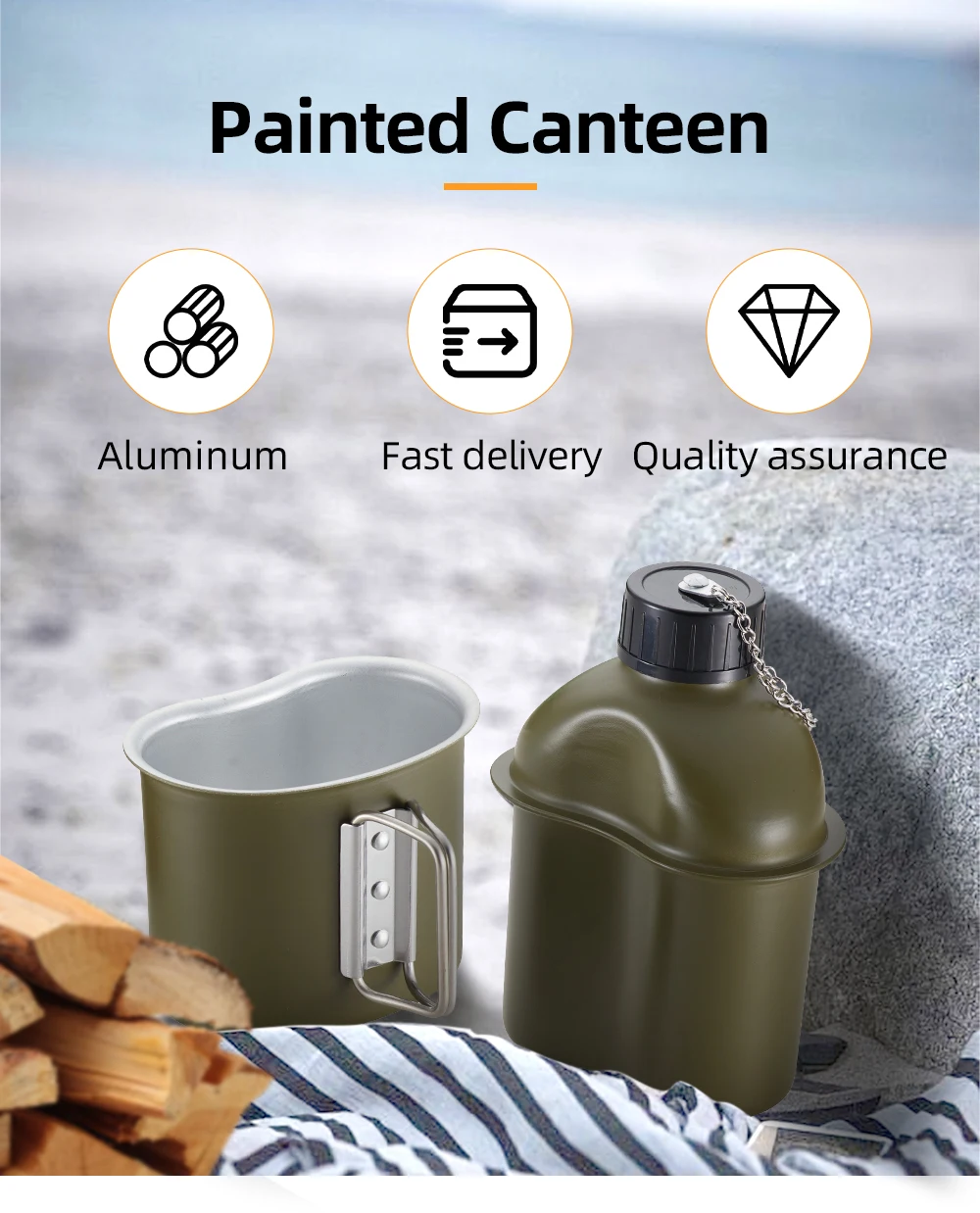 Customized Color Aluminum Canteen And Cup Set With Portable Green Cover ...