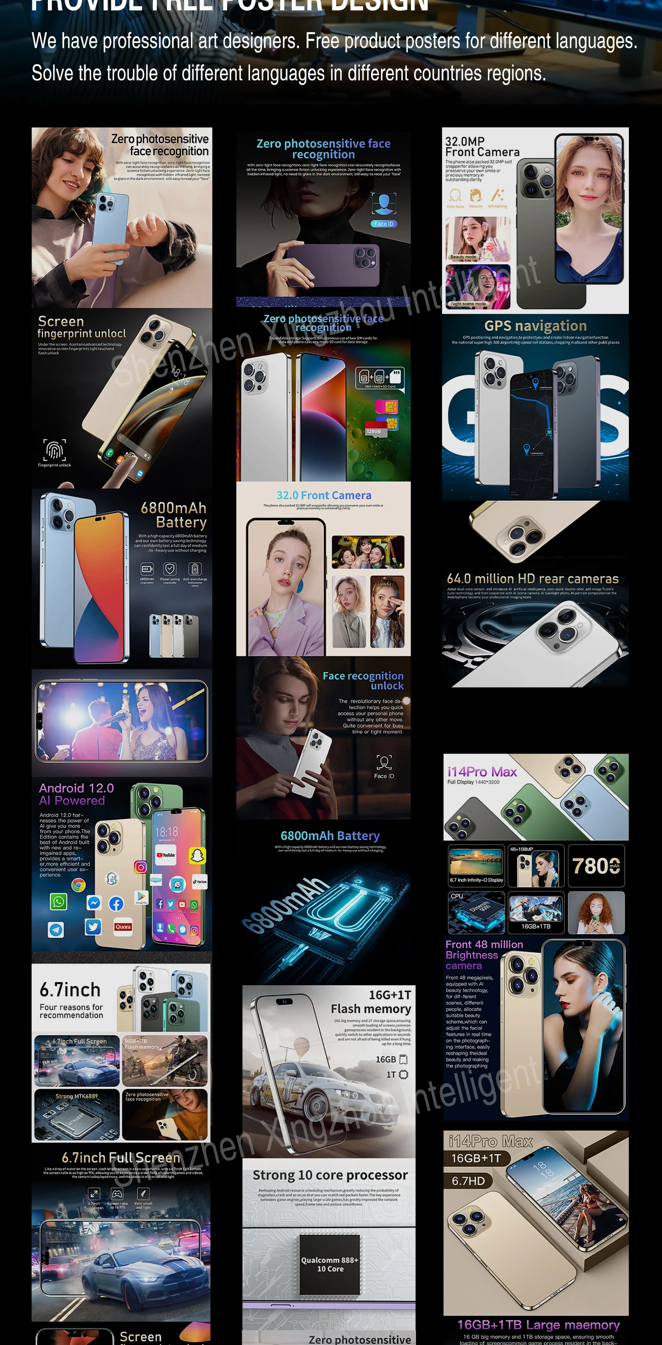 New I14 Pro Max Phone 7.3 Inch 16gb+512gb 7.3 Inch 6800 Mah Android 12 ...