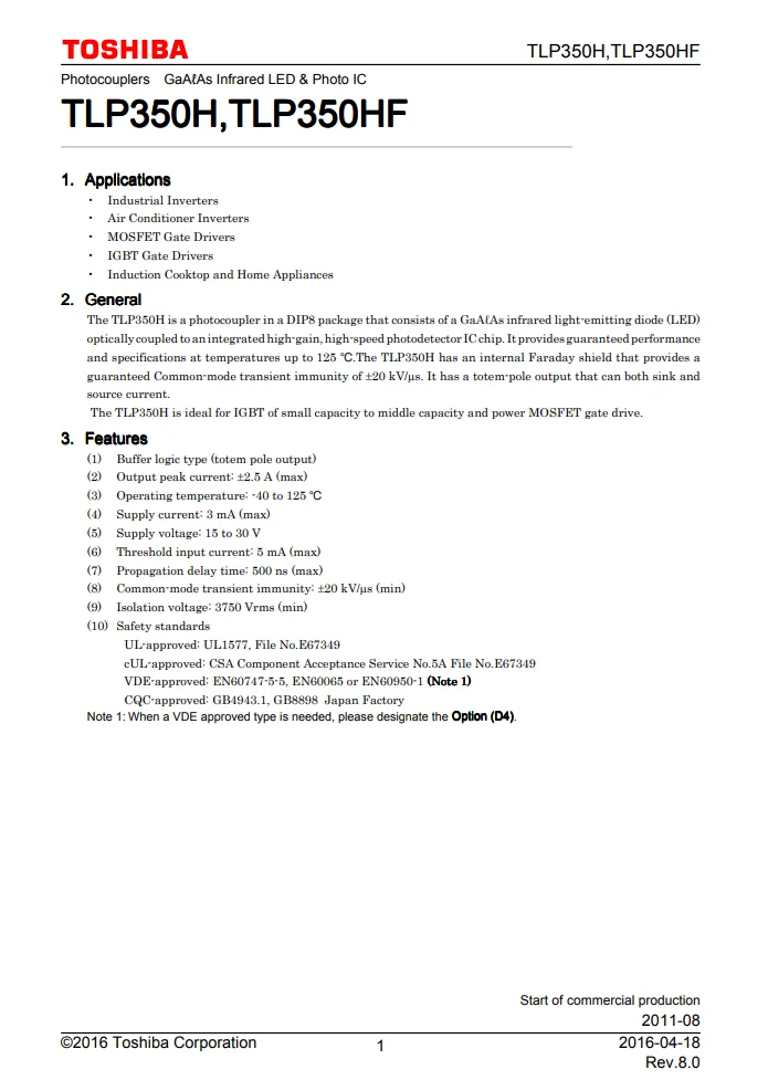 Tlp350h Smd Optocouplers Logical Output Sop-8 Transistor Tlp350h(tp1,F ...