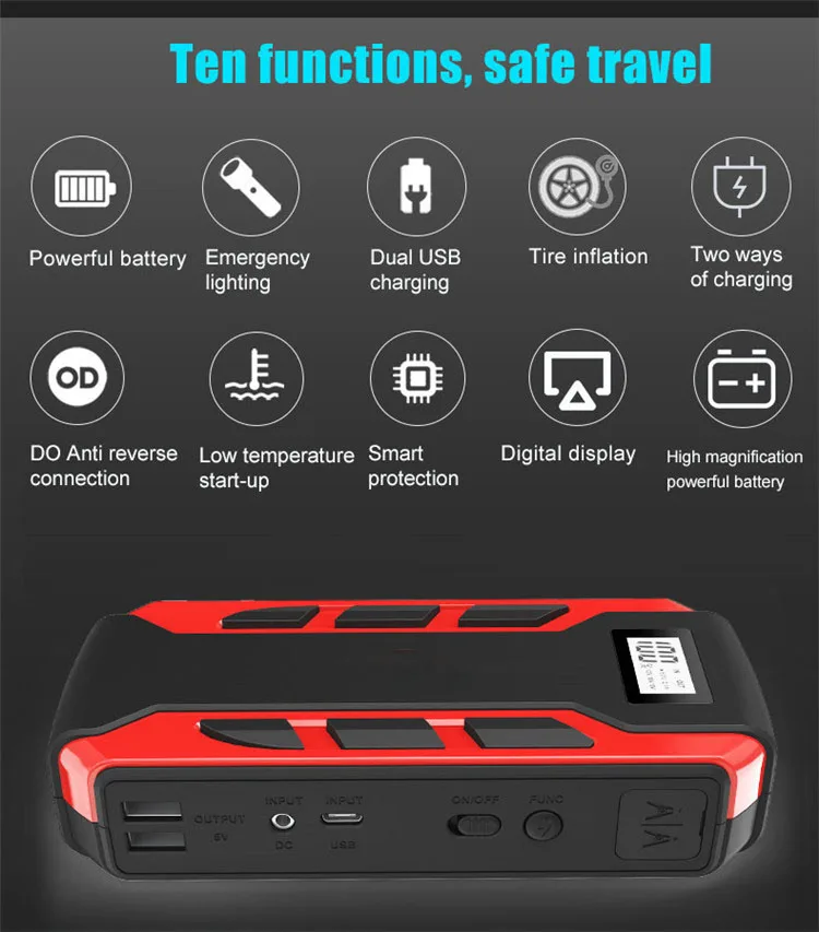 Multi-function Car Jump Starter Lithium Battery Emergency Power Start ...