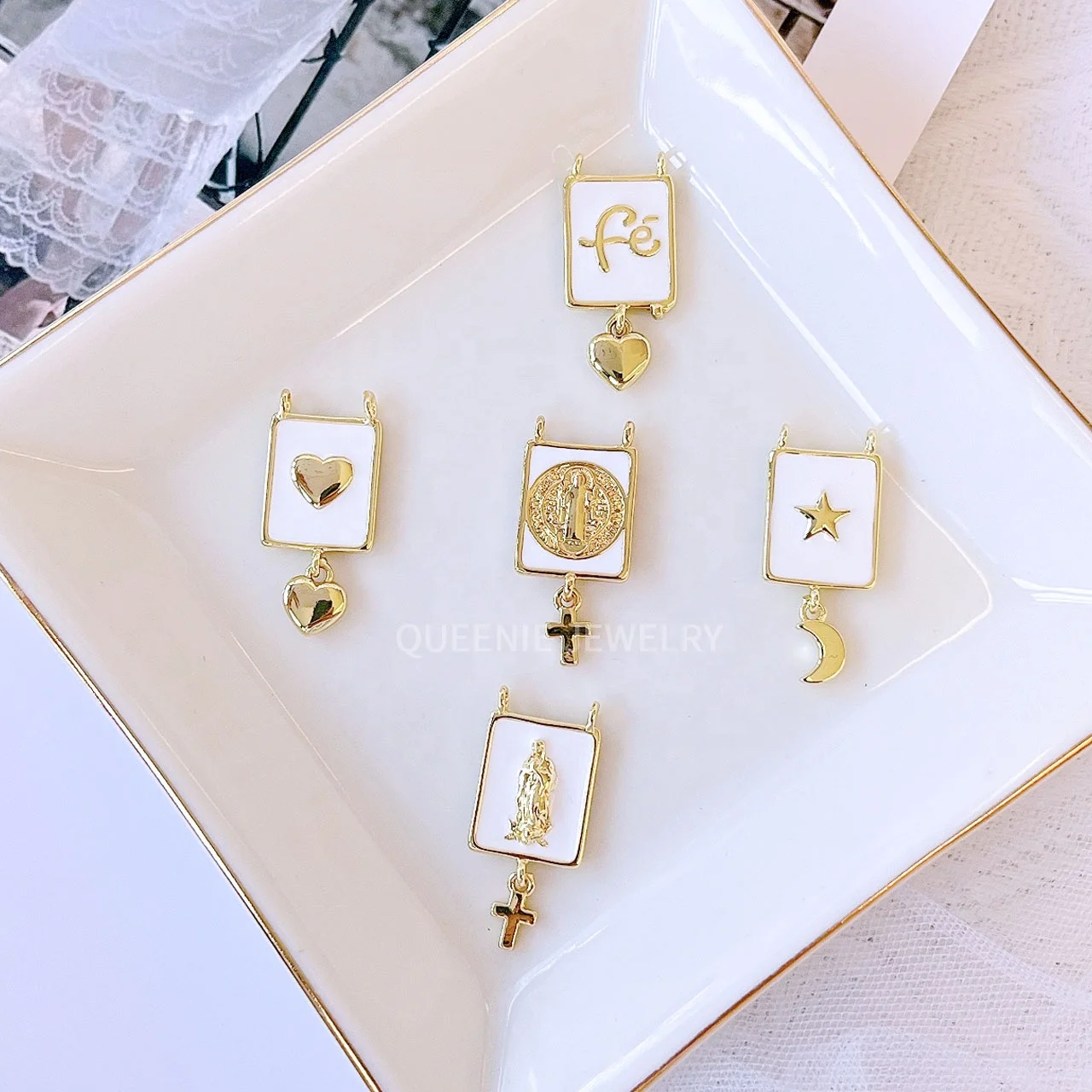 Women Necklace Enamel White Cross Jesus Mary Religious Pendants ...