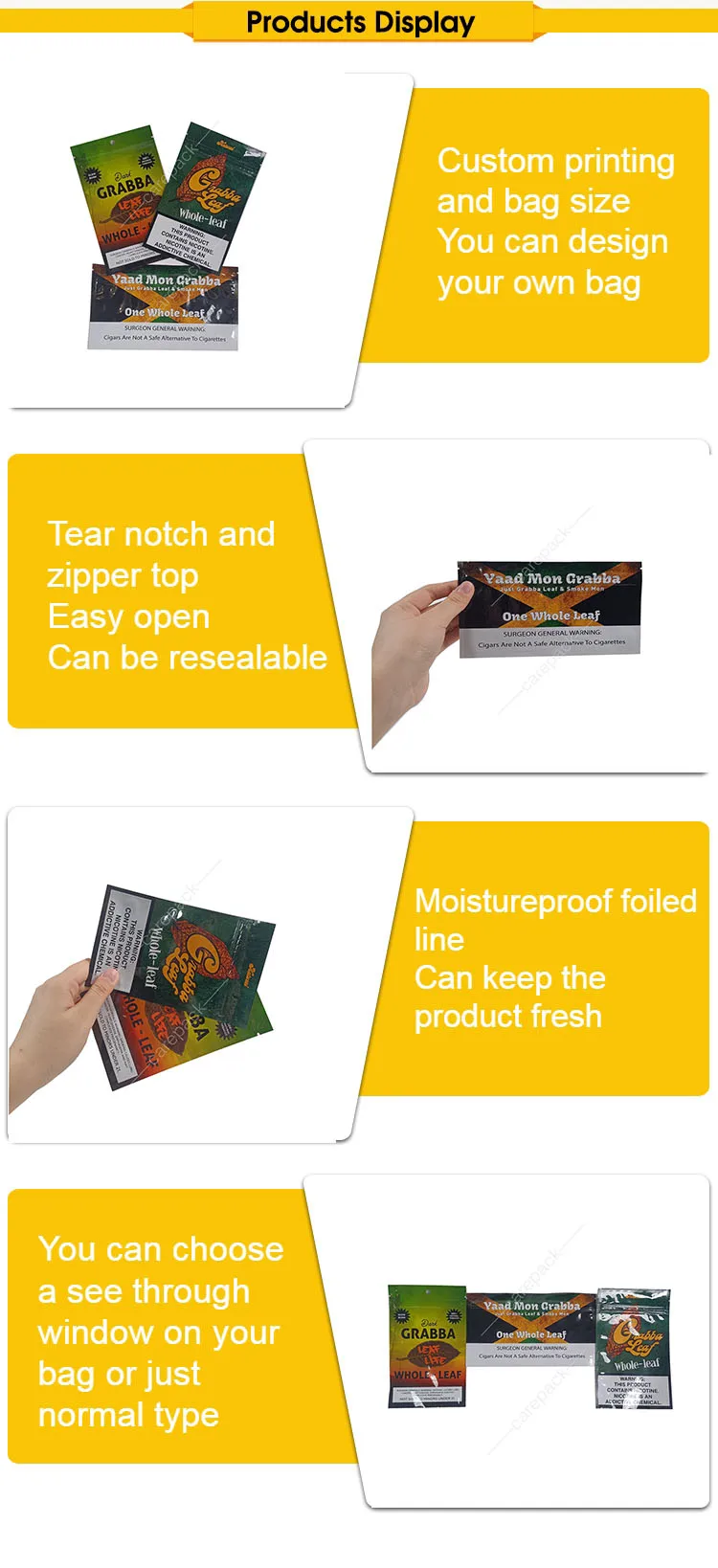 Custom Print Resealable Ziplock Plastic Smoking Tobacco Cigar Wraps