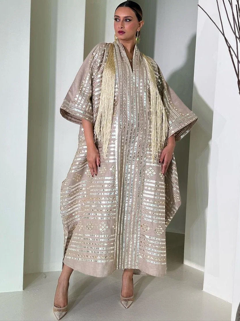 Custom Oem Middle East Arab Kuwait Golden Print Tassel Design V Neck ...