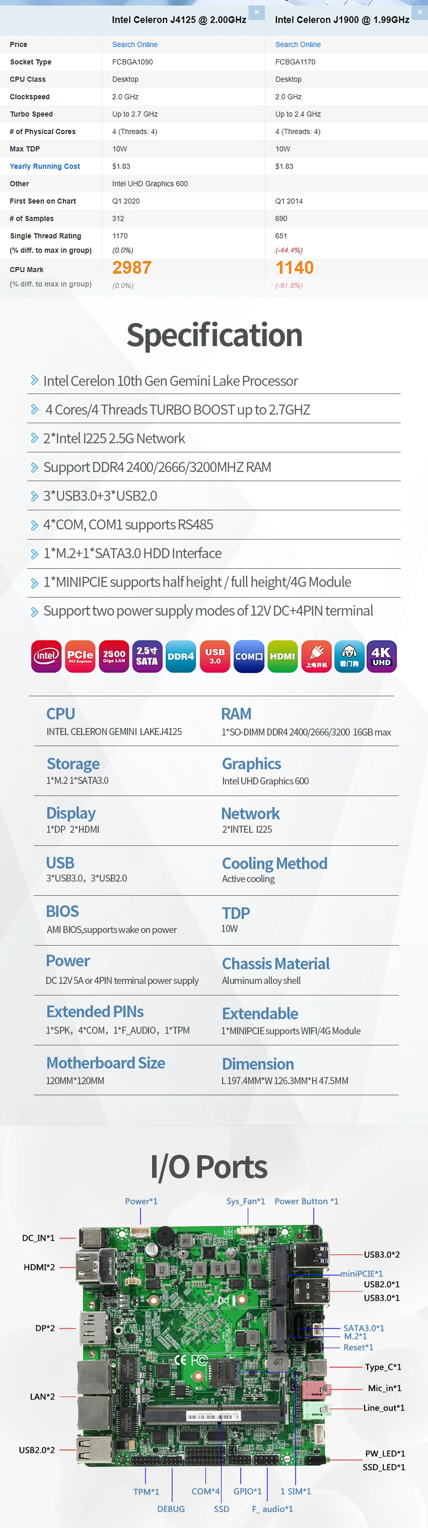 AI Robots Control Motherboard - J4125 4 Cores Arm Android