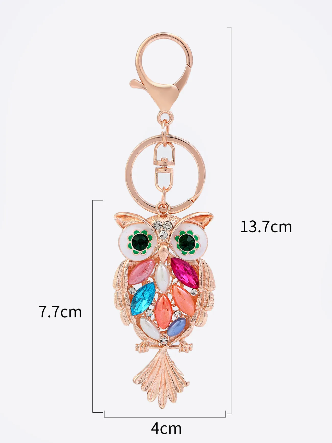 Luxury Rose Gold Metal Owl Keychains with Crystal Rhinestones