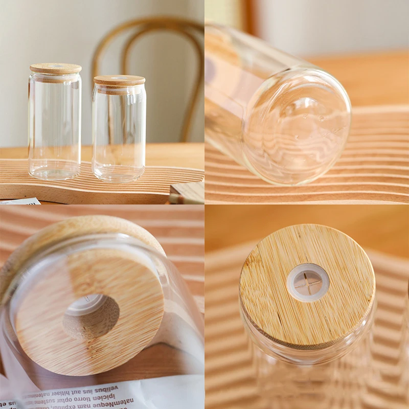 Bamboo Lid Glass Coffee Cups - Beer Can Style with Straw