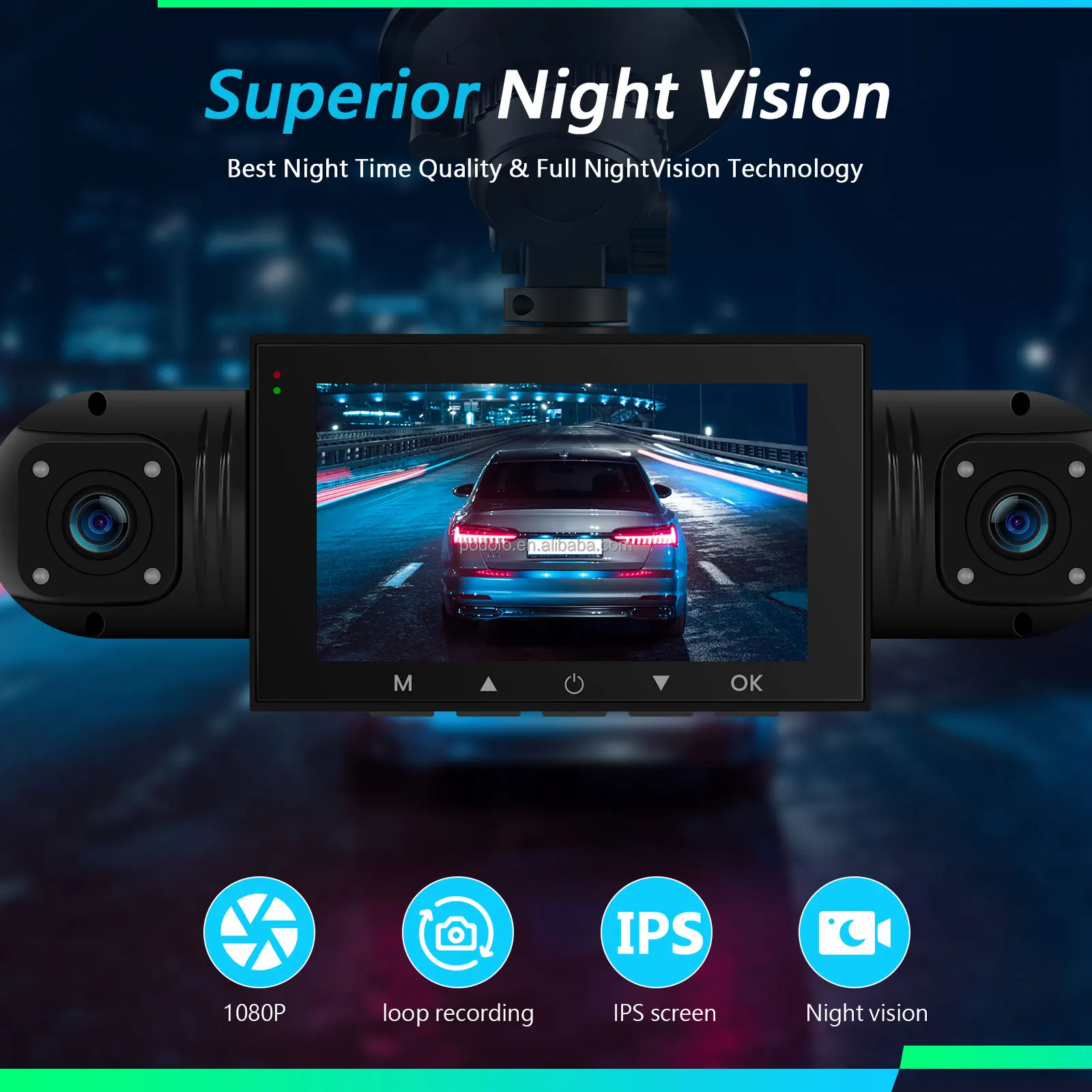 Podofo 3-Inch 4 Lens Dash Cam - 1080P Night Vision DVR