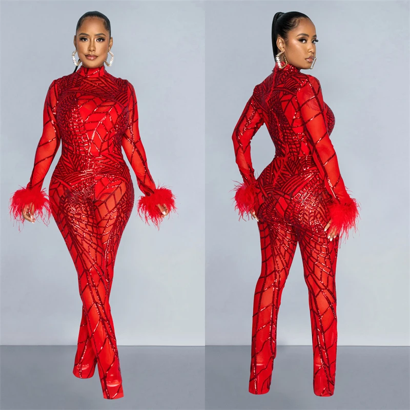 See Through Mesh Rhinestone Elegant Fashion Long Bodysuits Jumpsuit