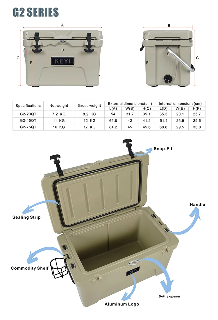 Keyi Cooler Box Rotomolded Plastic Ice Box 45qt Rotomolded Coolers Hard ...