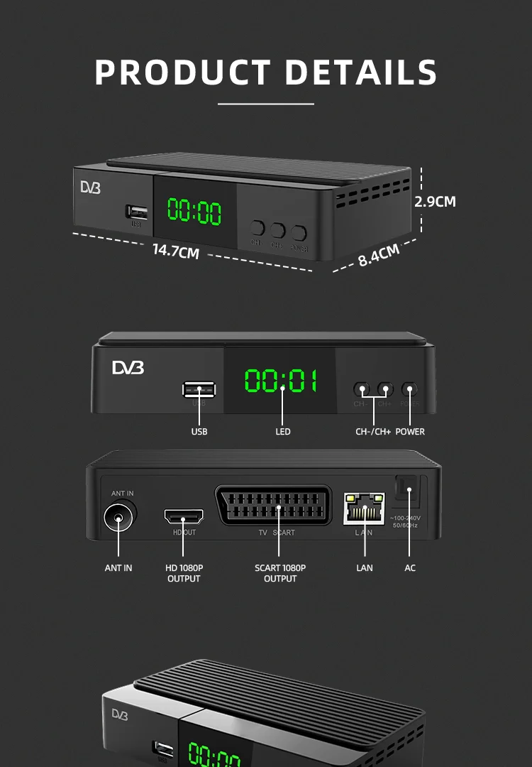 OEM Customize Decoder DVB T2 FTA Receiver H.265 Decoder Support MPEG4 LAN 10bit WIFI EPG PVR ...