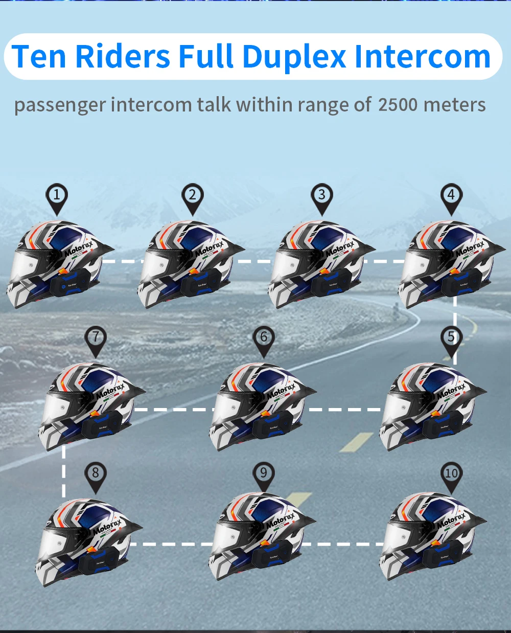 10 Riders Group Helmet Intercom Communication System, Waterproof IP67 ...