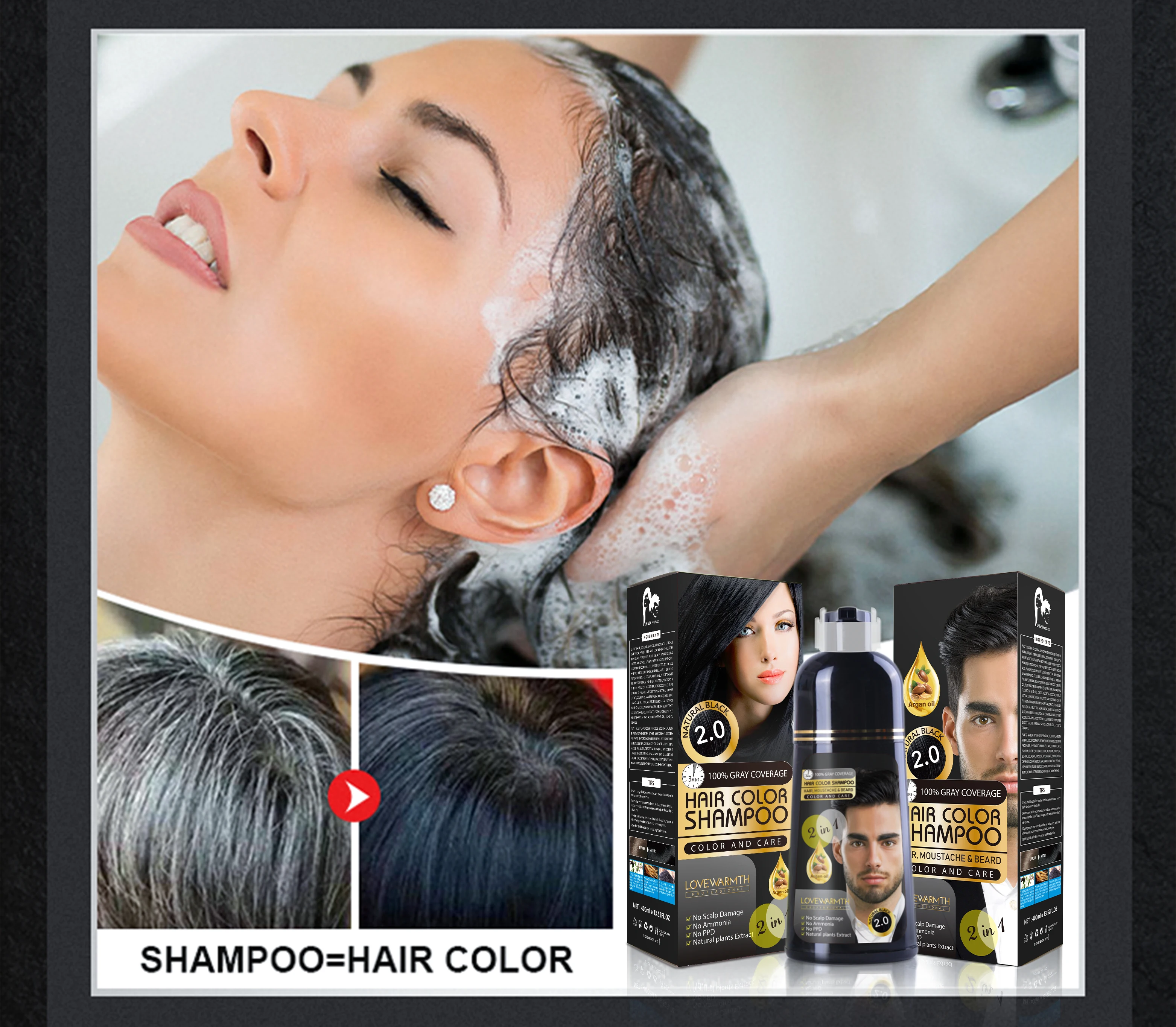 Ammonia Free Hair Color Shampoo - 100% Gray Coverage