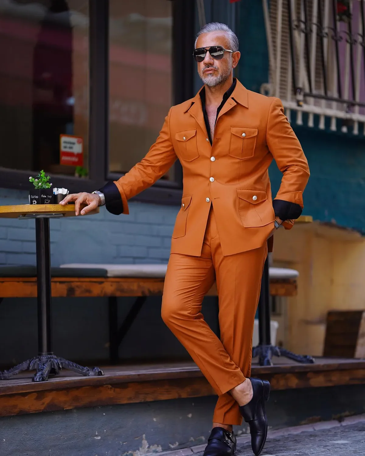 Tailored Casual Men's Suits Orange 2-Piece Set, Mandarin Collar Safari ...