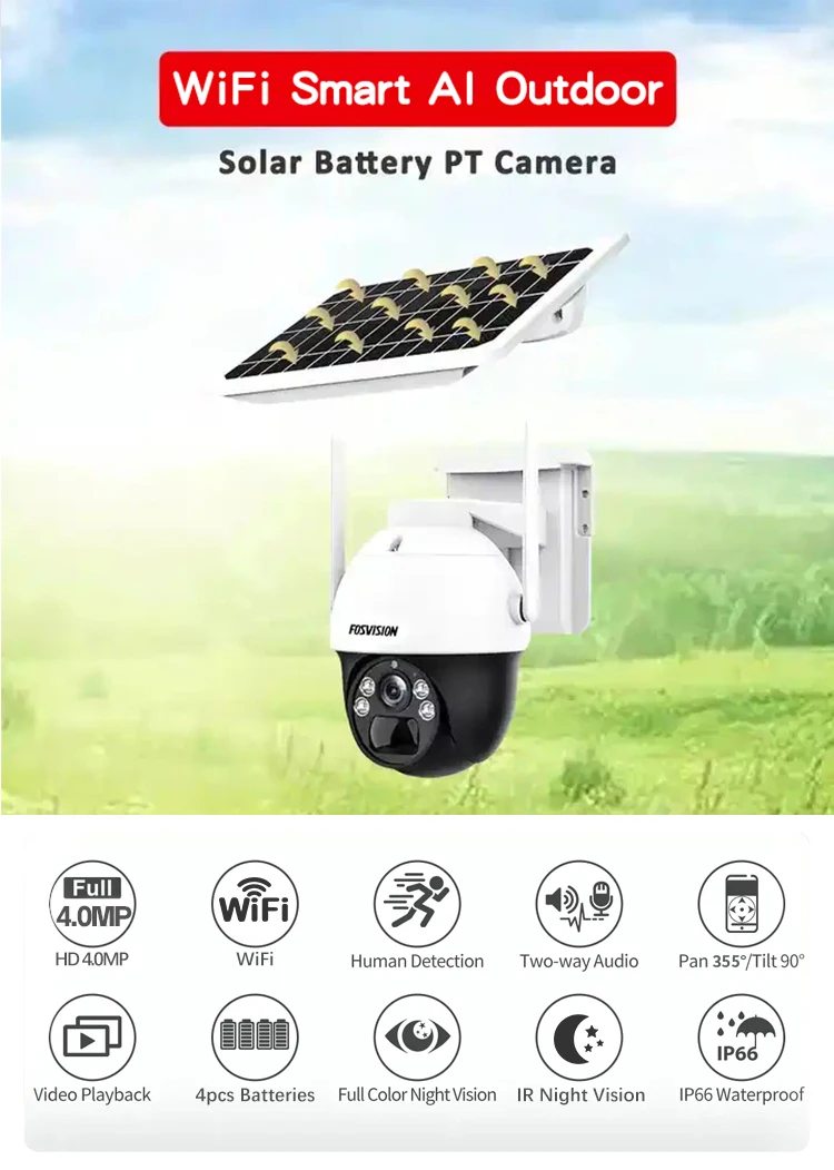 Fosvision Wifi 4mp Solar Panel Security Wireless Camera Pt Dome Battery ...