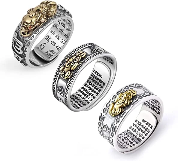 Feng Shui Pixiu Dragon Ring - Vintage Silver for Wealth