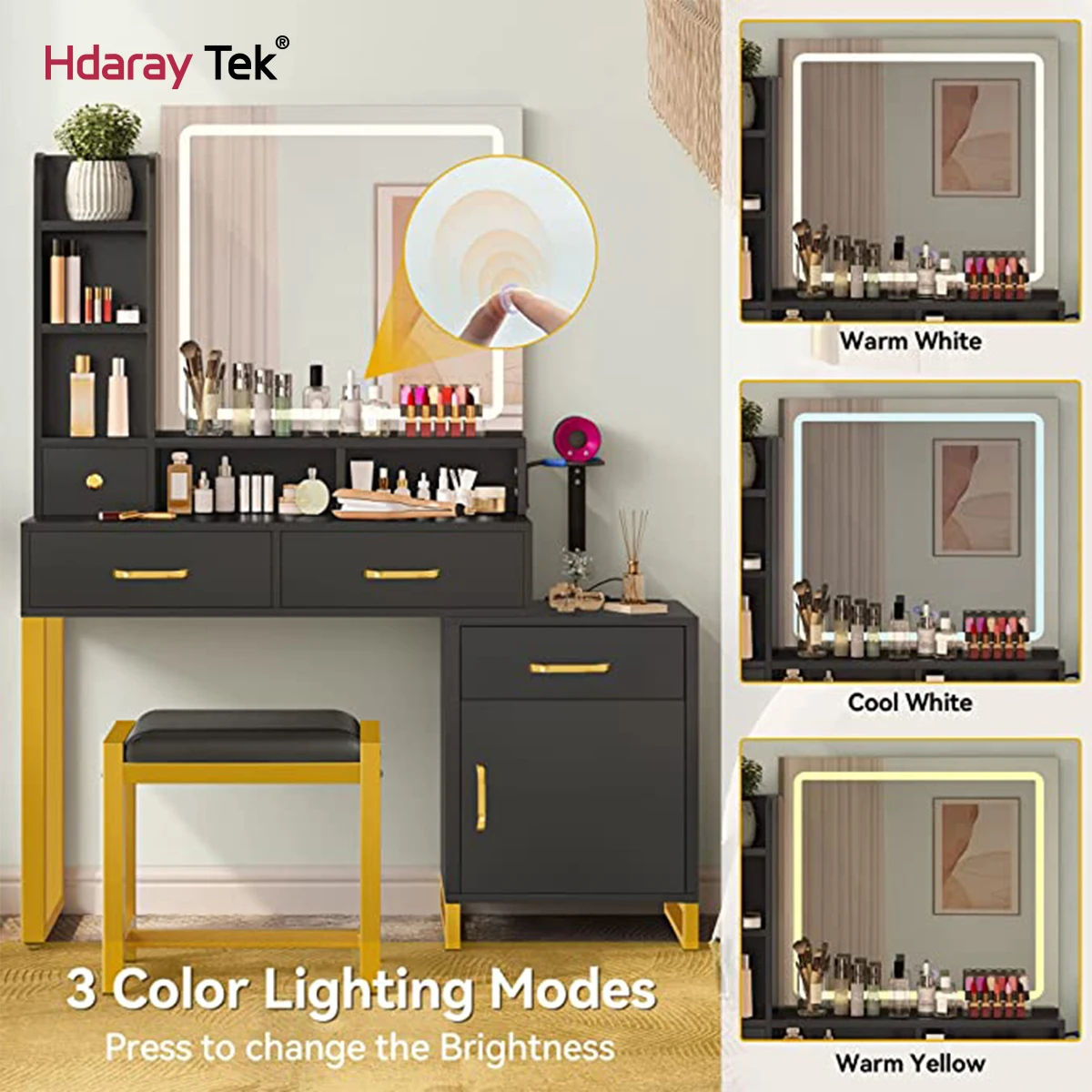 Vanity Desk With Lighted Mirror & Power Outlet Makeup Table With 10 ...