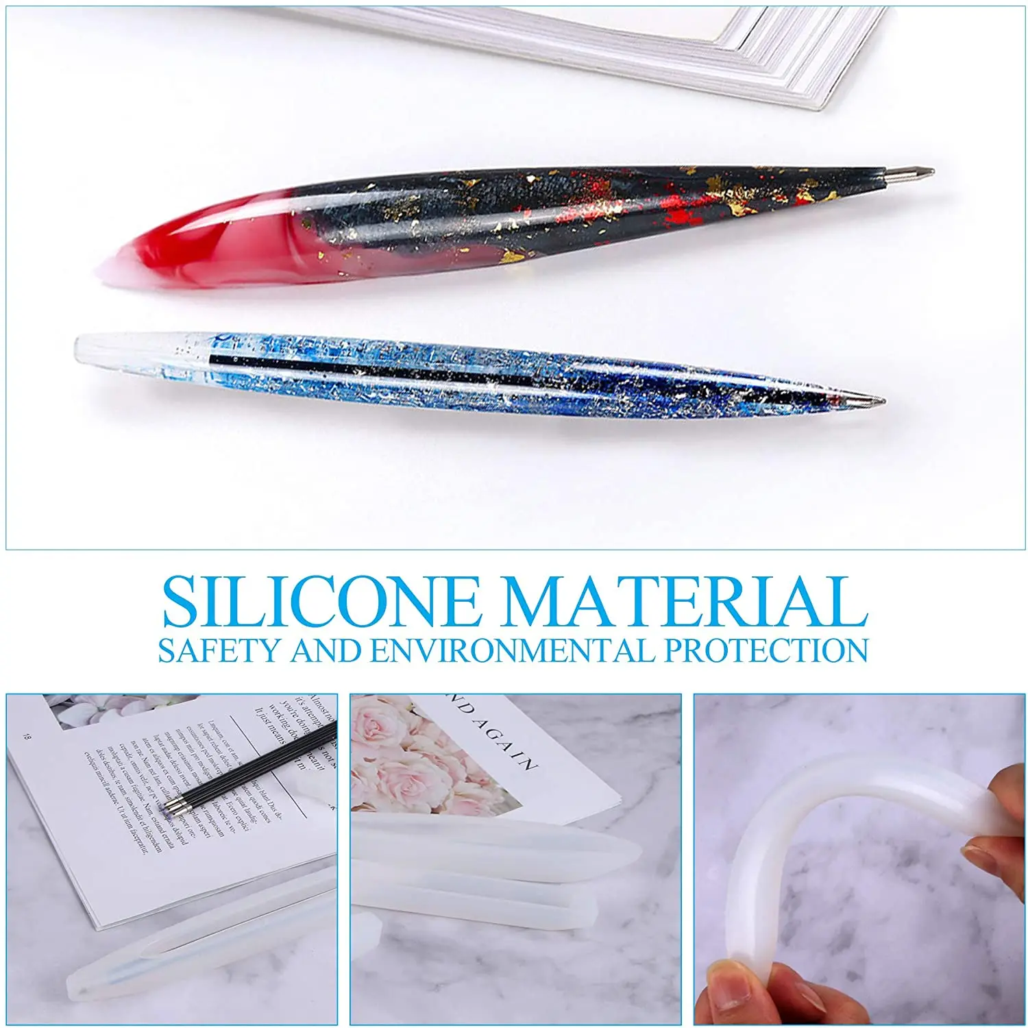 3 Pieces Pen Shape Silicone Resin Mold with 75 Ballpoint Refill Pens ...