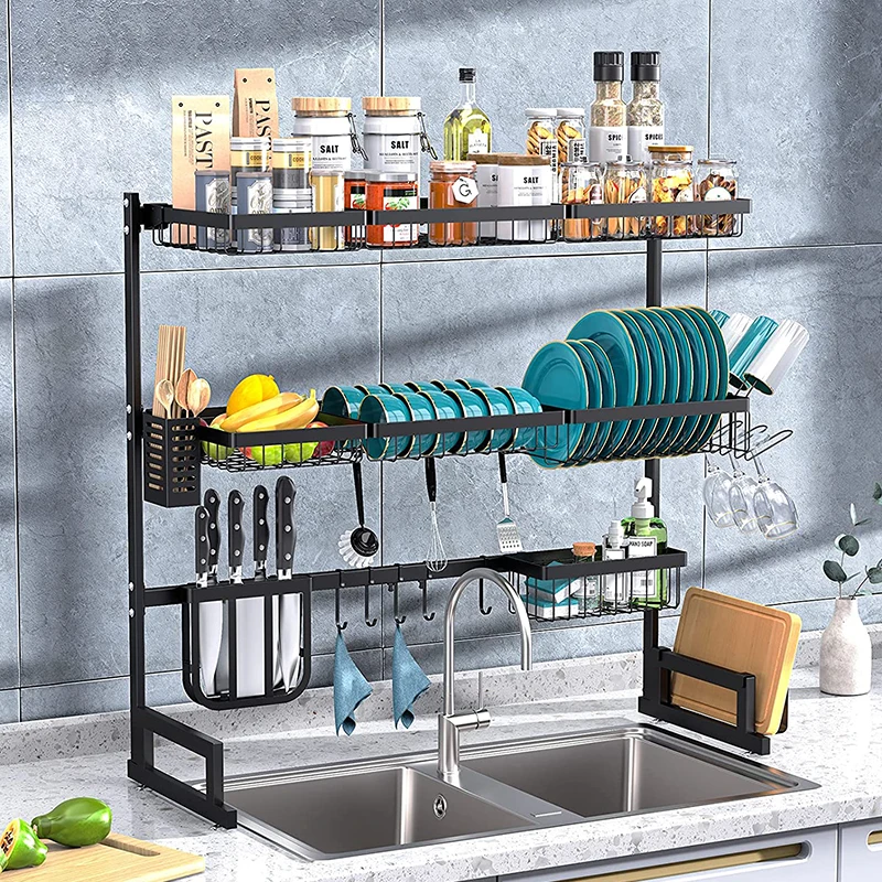 Extension 3 Tier Dish Rack - Black Kitchen Storage Organizer
