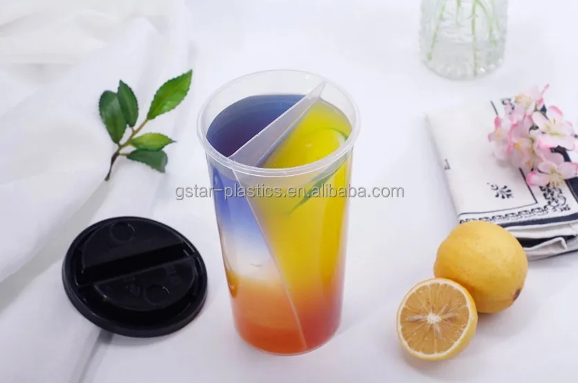 16oz 22oz Bubble Tea Plastic Split Cup For Boba Two-compartment Twin ...