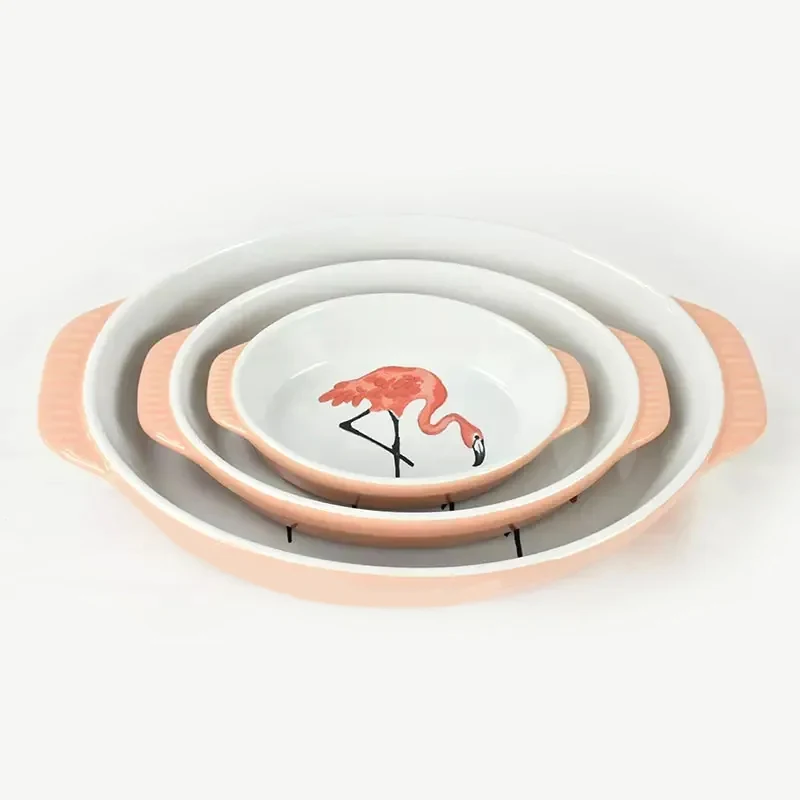 Set of 3 Flamingo Porcelain Oval Casserole Dish with Cover Ceramic Baking Pan Tray with Handles ...