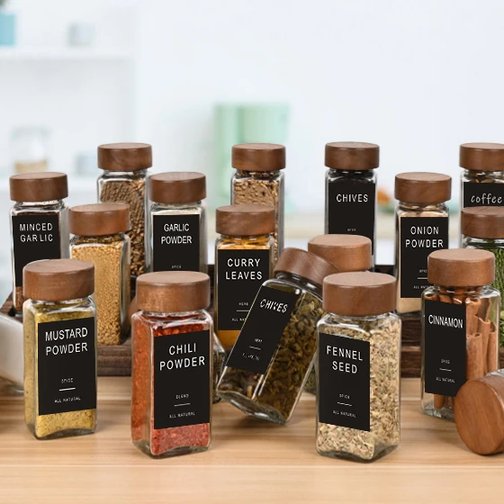 24 Pcs Clear Glass Empty Square Spice Bottle Jars With Bamboo Wooden ...