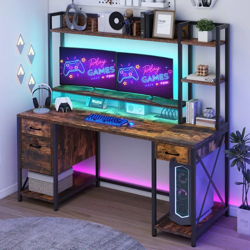 AJUNION Sleek 59" Computer Table with LED Lights Ergonomic Stand Ample ...