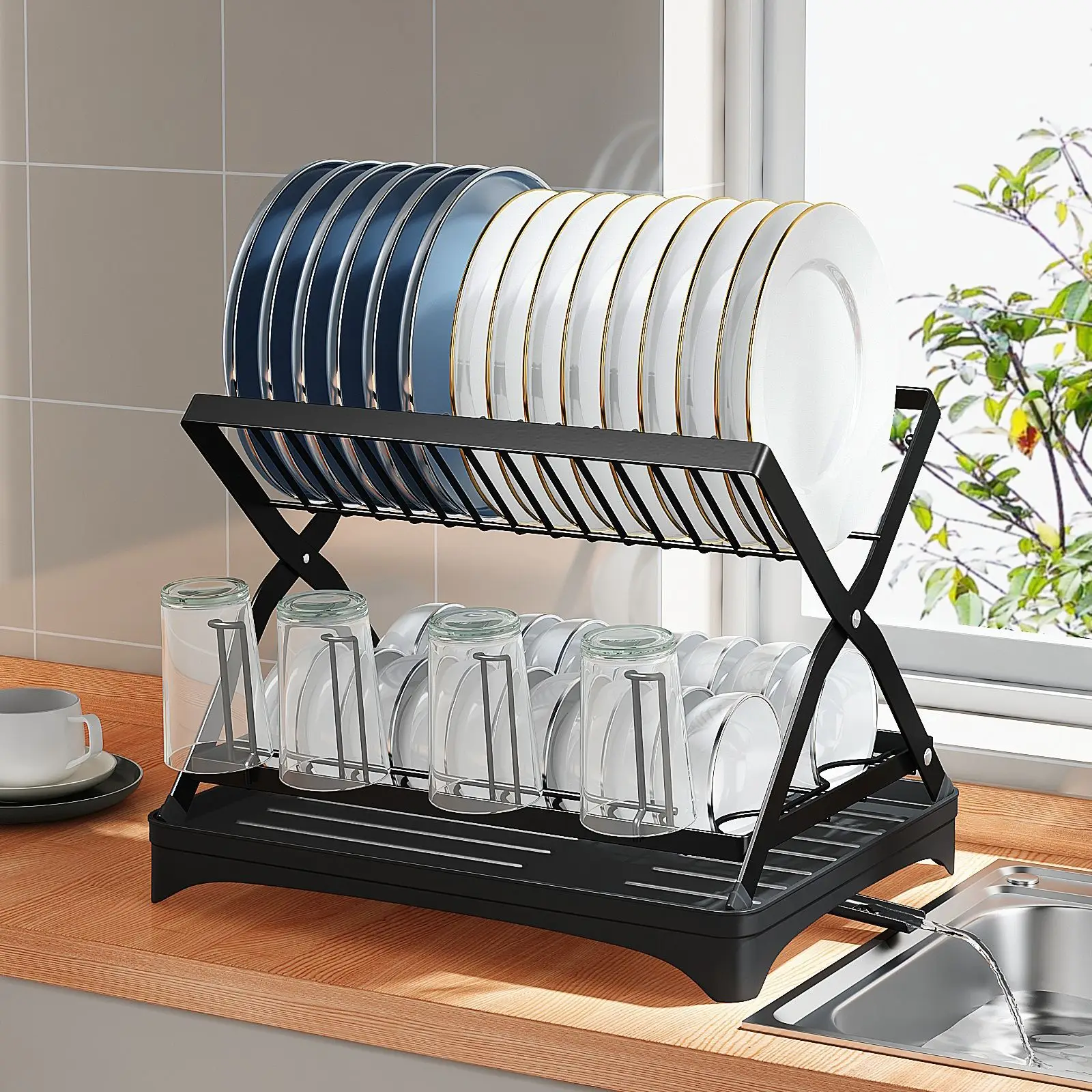 X Shape Foldable 2 Tier Dish Drying Rack Tableware Storage Rack - Buy ...