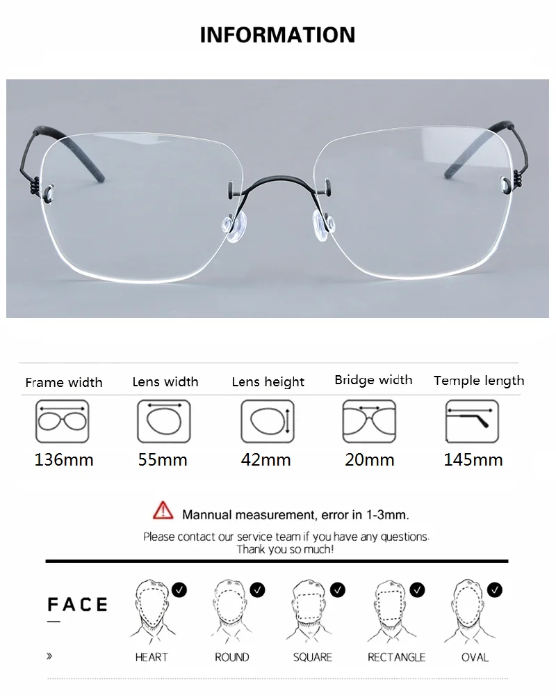 Pure Titanium Screwless Square Rimless Eyeglasses Frame For Men & Women ...