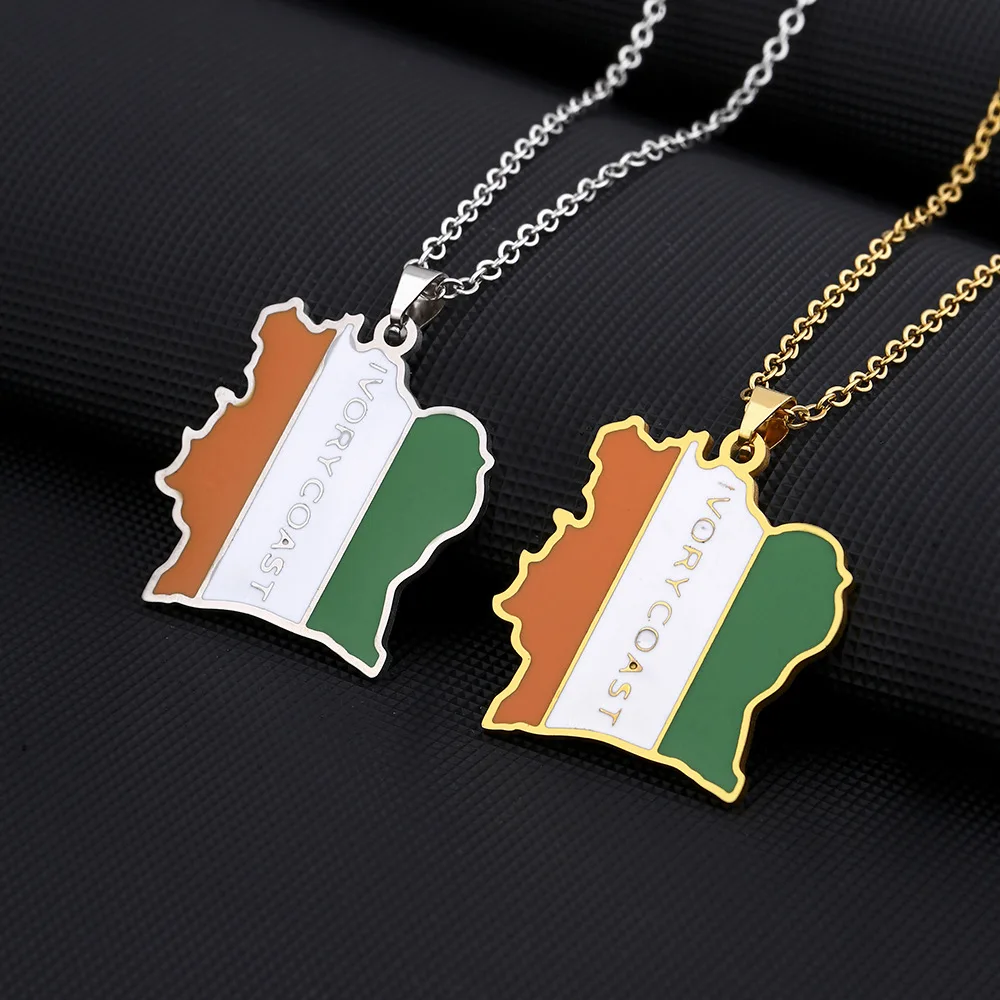Stainless steel Ivory Coast map and flag necklace men's women's couples ...