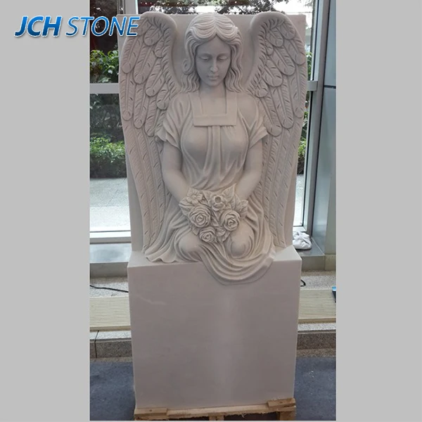 White Marble Opened Wings Angel Statue - Tombstone Headstone