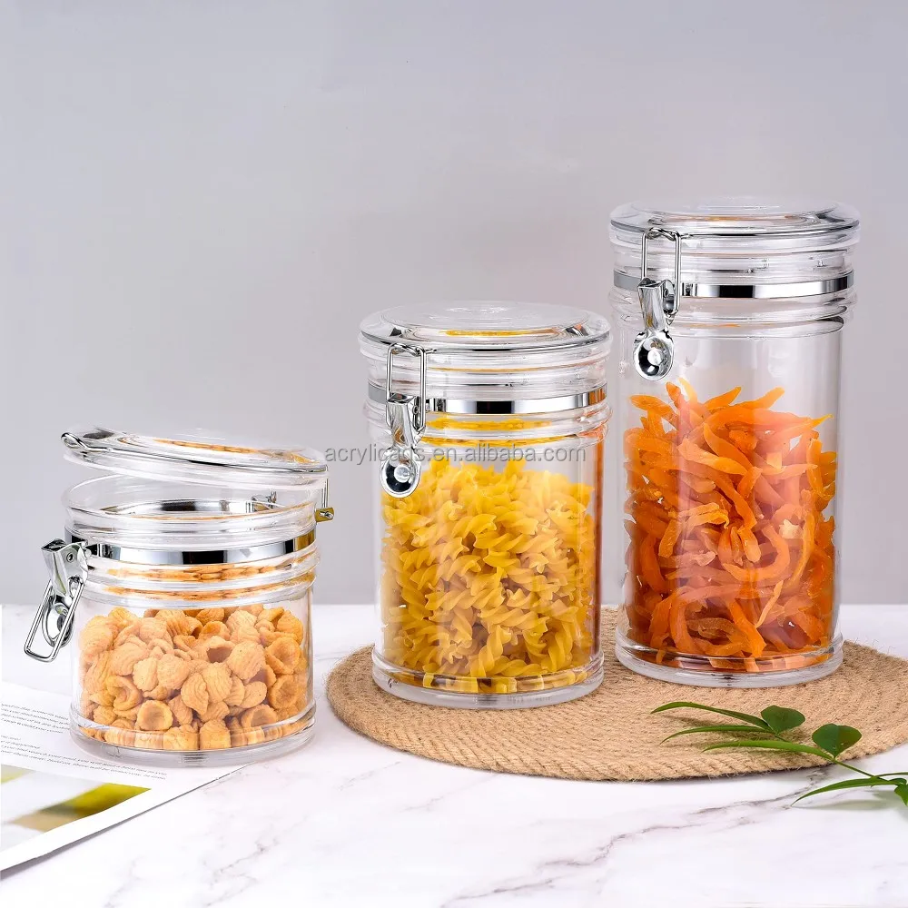 Medium Acrylic Canister with Locking Clamp Airtight Flip Jar Food ...