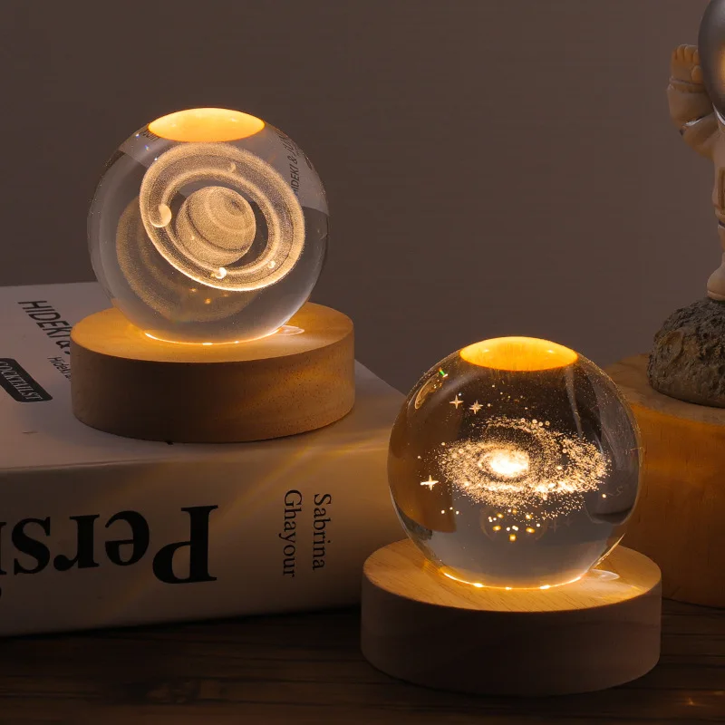 3D Carved Star Solar System Table LED Lamp Wood Base