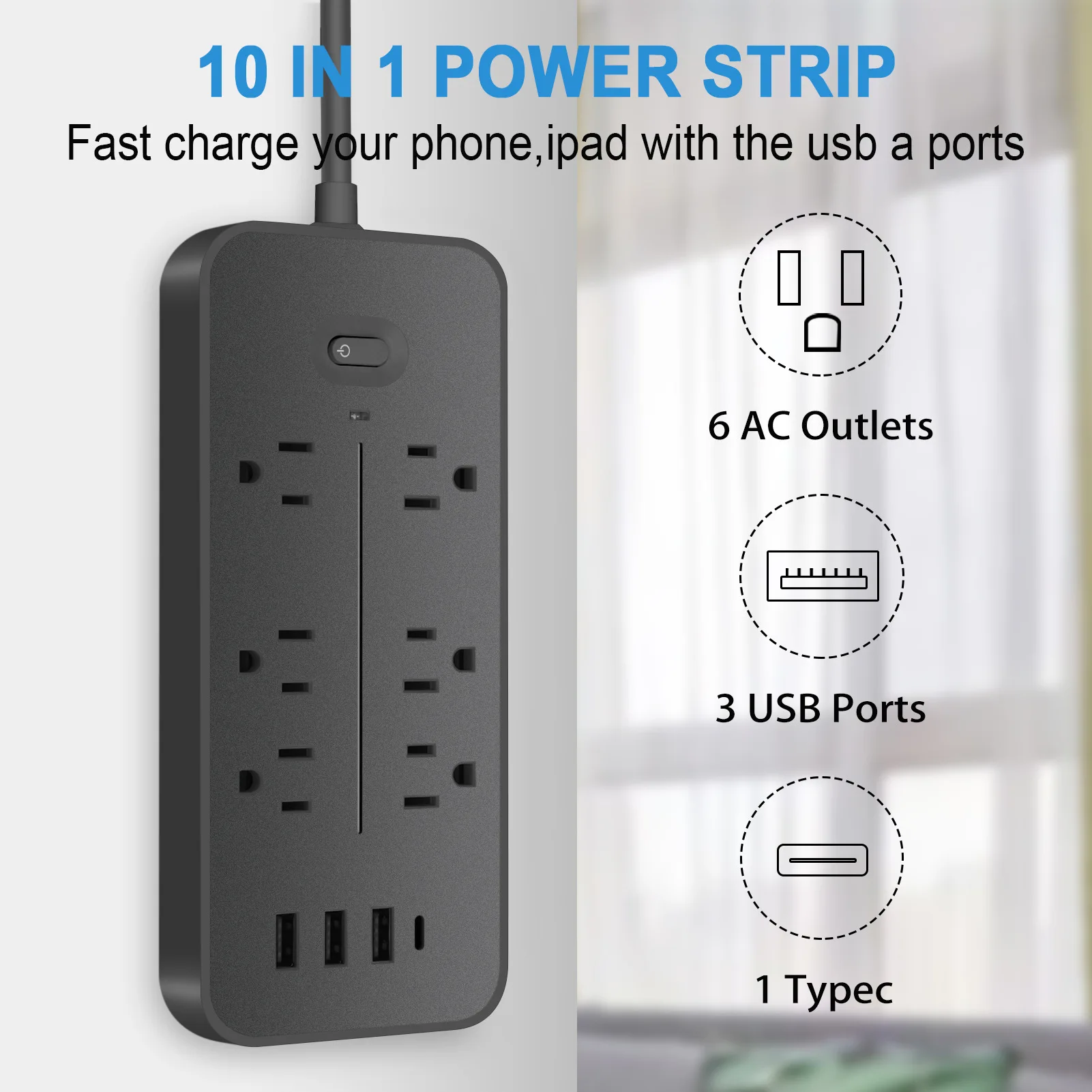 US Surge Protector with 3 USB Ports & 6 Outlets - 10A 110V