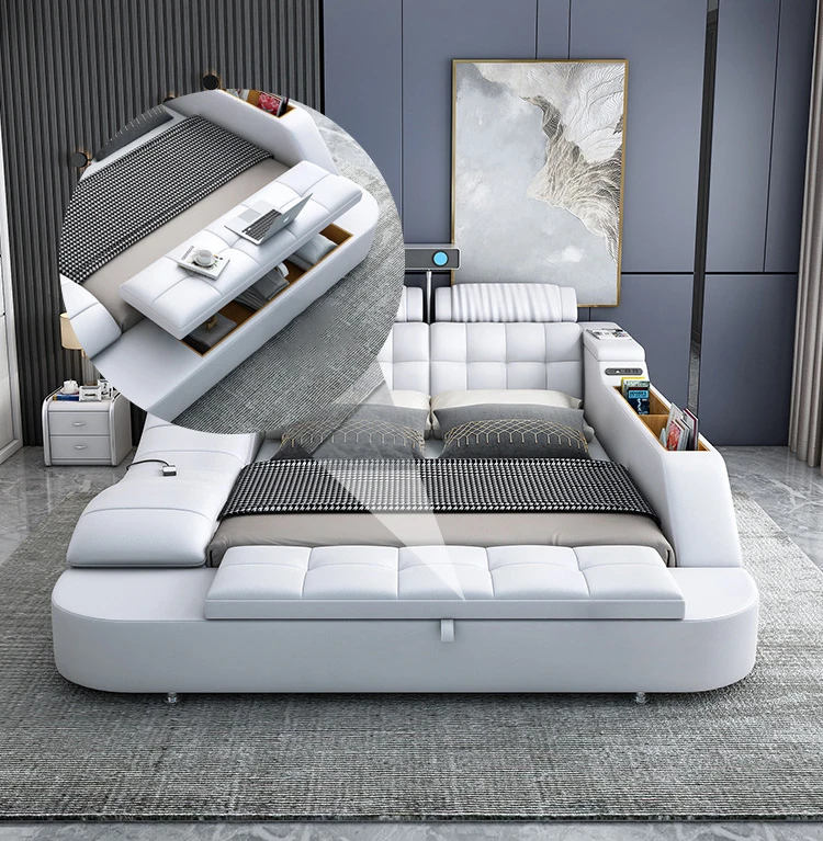 001 Up-holstered Modern Luxurious Multi-functional Smart Leather Bed ...
