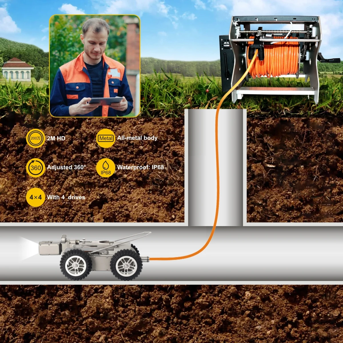 Waterproof 60M Sewer Inspection Crawler Camera Robot System